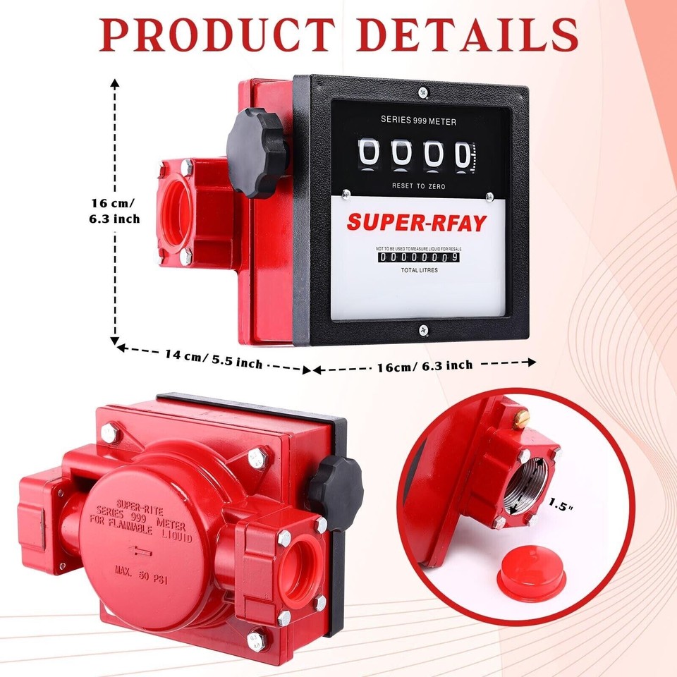Aluminum 1-1/2 " Fuel Flow Meter 4 Digit Counter Diesel Tank Transfer ...