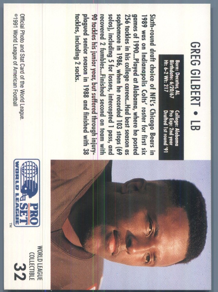 1991 Pro Set #32 Greg Gilbert World League Collectibles (WLAF Inserts ...