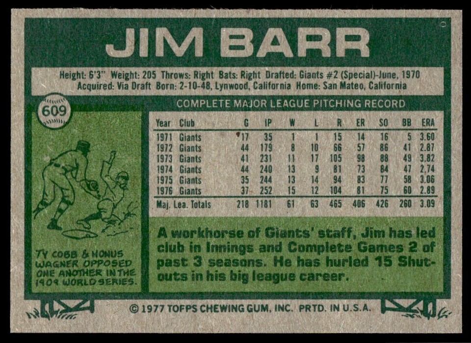 1977 Topps Jim Barr San Francisco Giants #609 | eBay