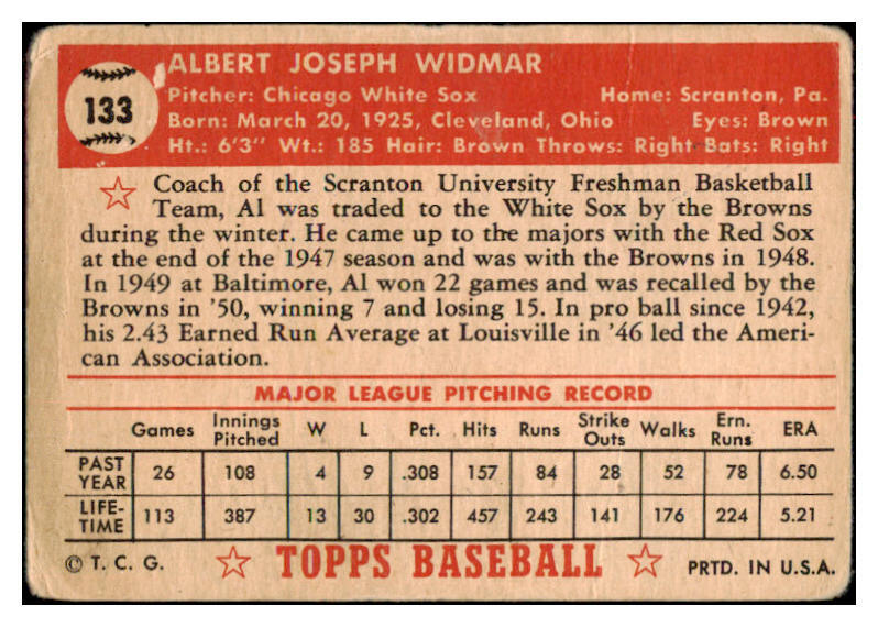 1952 TOPPS #133 AL WIDMAR WHITE SOX PR-FR SET BREAK 488175 (KYCARDS) | eBay