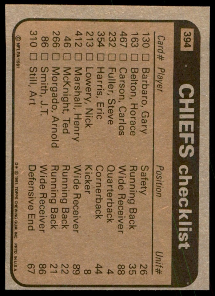 1981 TOPPS'. TED MCKNIGHT/HENRY MARSHALL/GARY BARBARO/ART STILL KANSAS ...