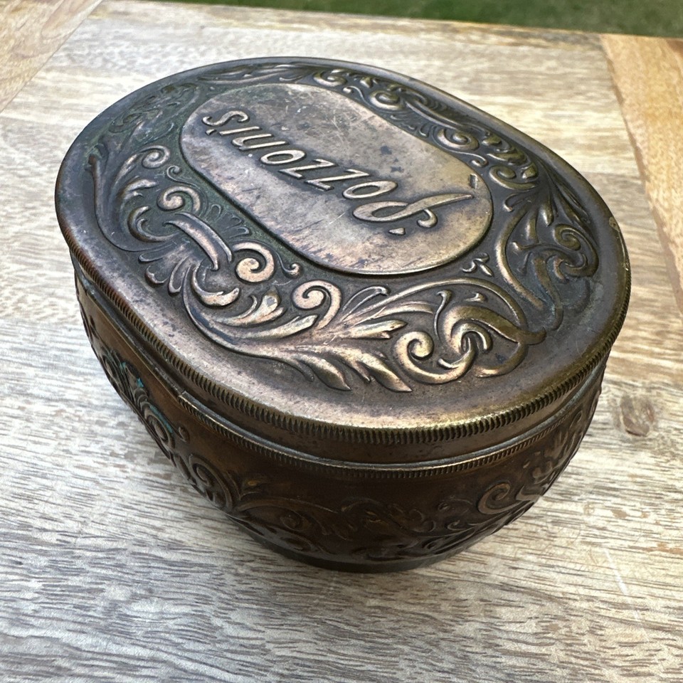 Antique Pozzoni's Brass Powder Puff Tin, circa 1912 Lidded Trinket ...