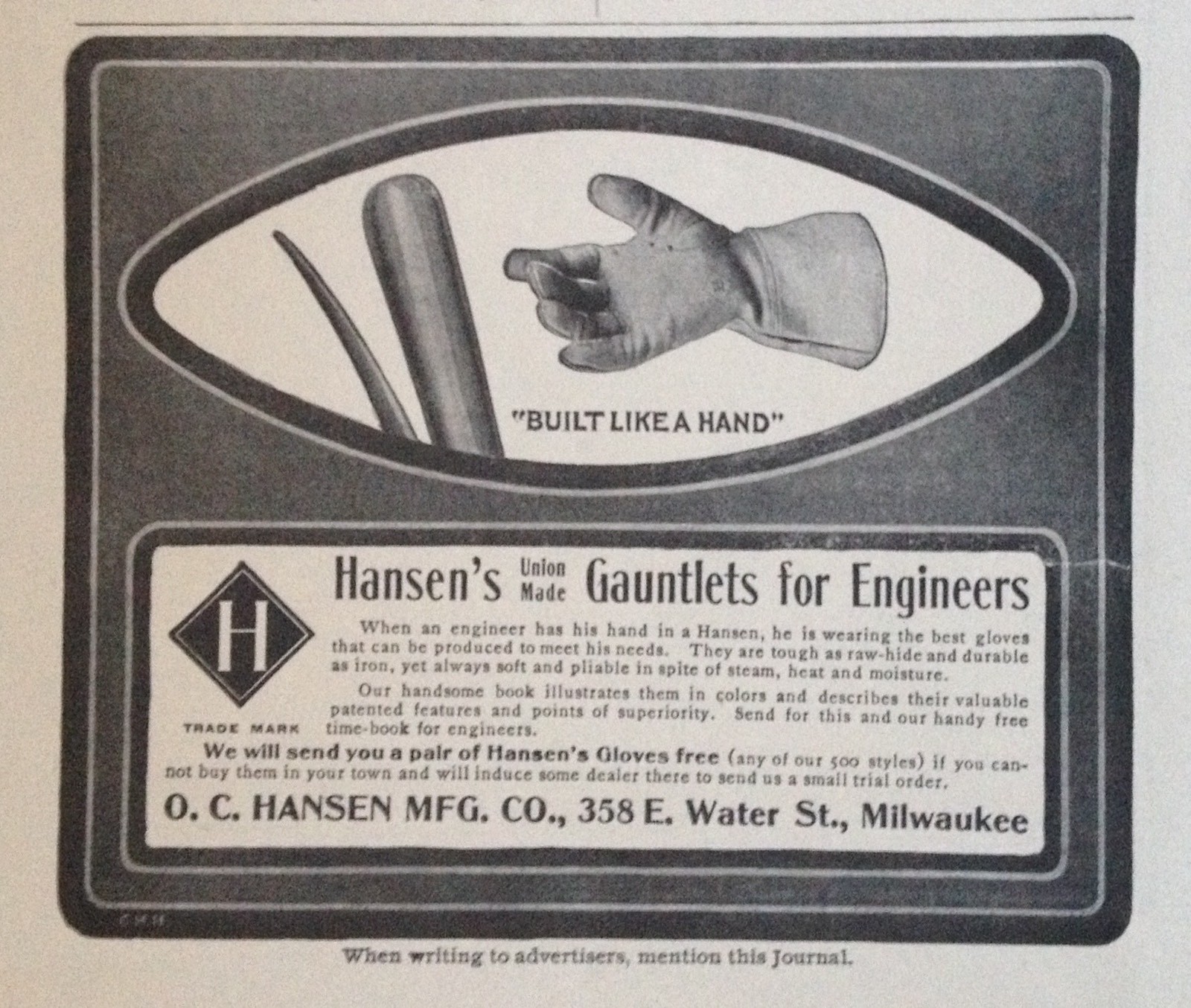 1902 AD(H4)~O.C. HANSEN MFG. CO. MILW., WISC. GAUNTLET GLOVES FOR ENGINEERS | eBay