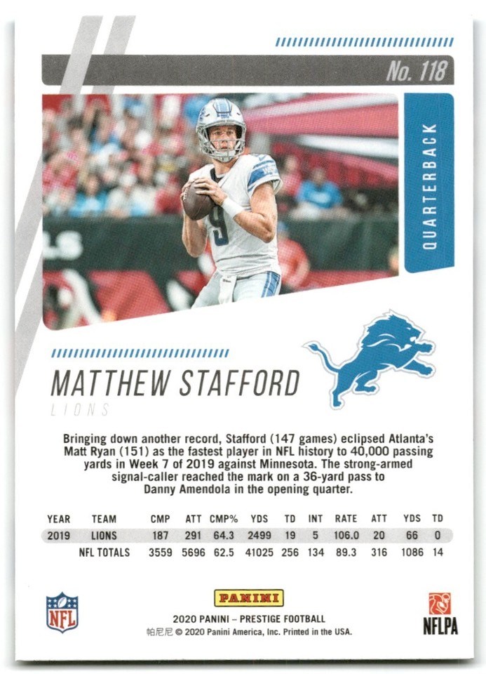 2020 Panini Prestige Football Card Matthew Stafford #118 Detroit Lions ...