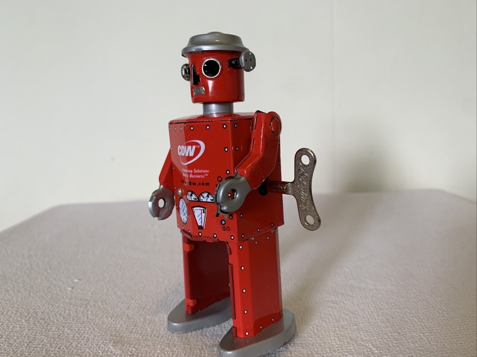 Vtg ATOMIC MAN ROBOT Red Wind Up Tin Toy W/key CDW Advertising ...