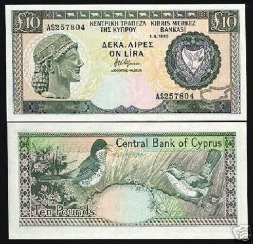 Cyprus £ 10 POUNDS P-55D 1995 Pre Euro UNC Cypriot Bird World Currency ...