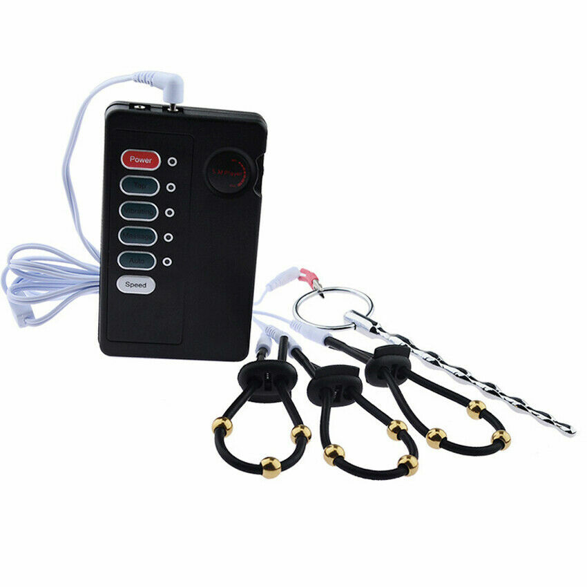 Male Shock Penis 4 Golden Balls Rings Plugs Shock Men Urethra Stretcher ...