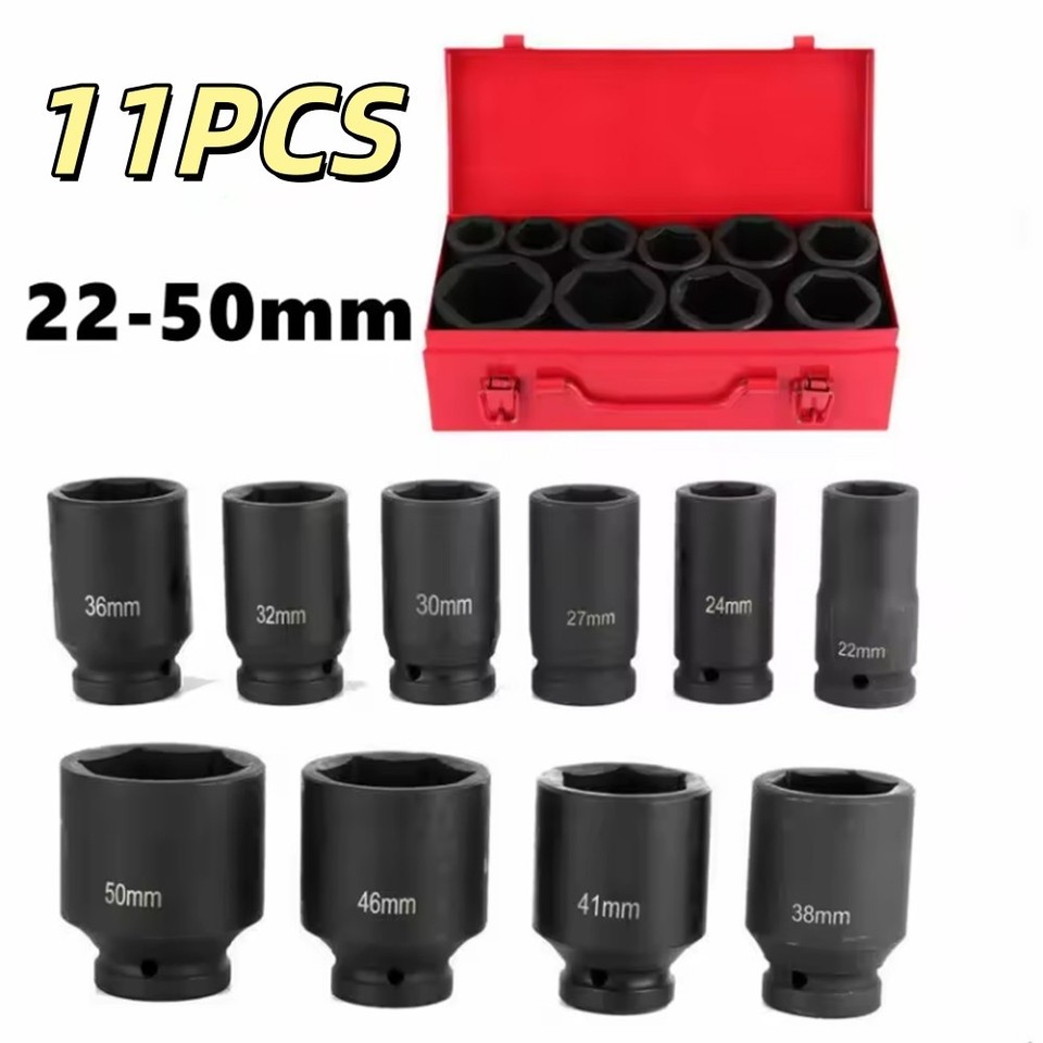11PC 3/4" DRIVE DEEP IMPACT Socket Set 22-50mm HGV Long Reach Impact ...