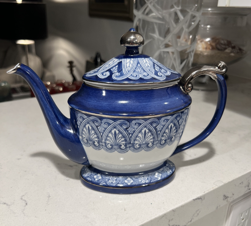 Bombay Company Arabesque coffee pot and lid blue white platinum trim ...