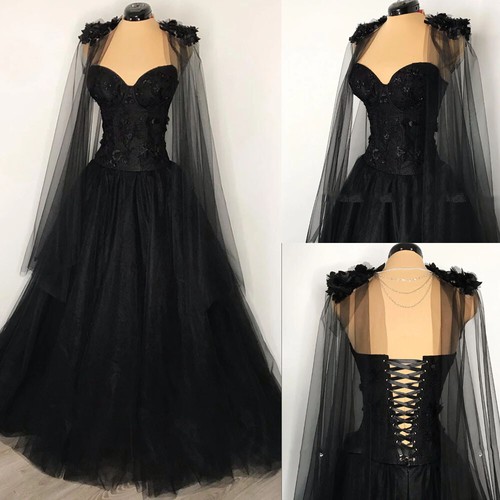 Black Wedding Dresses with Cape Gothic Spaghetti Straps A Line Bridal ...