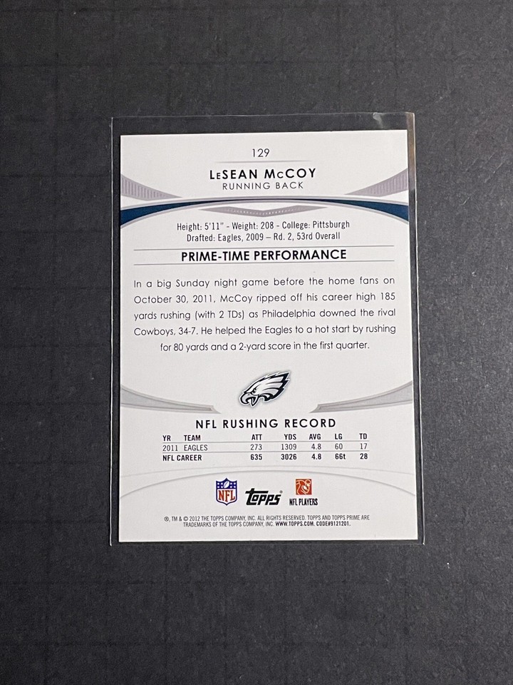 2012 Topps Prime LeSean McCoy Card #129 - Philadelphia Eagles | eBay