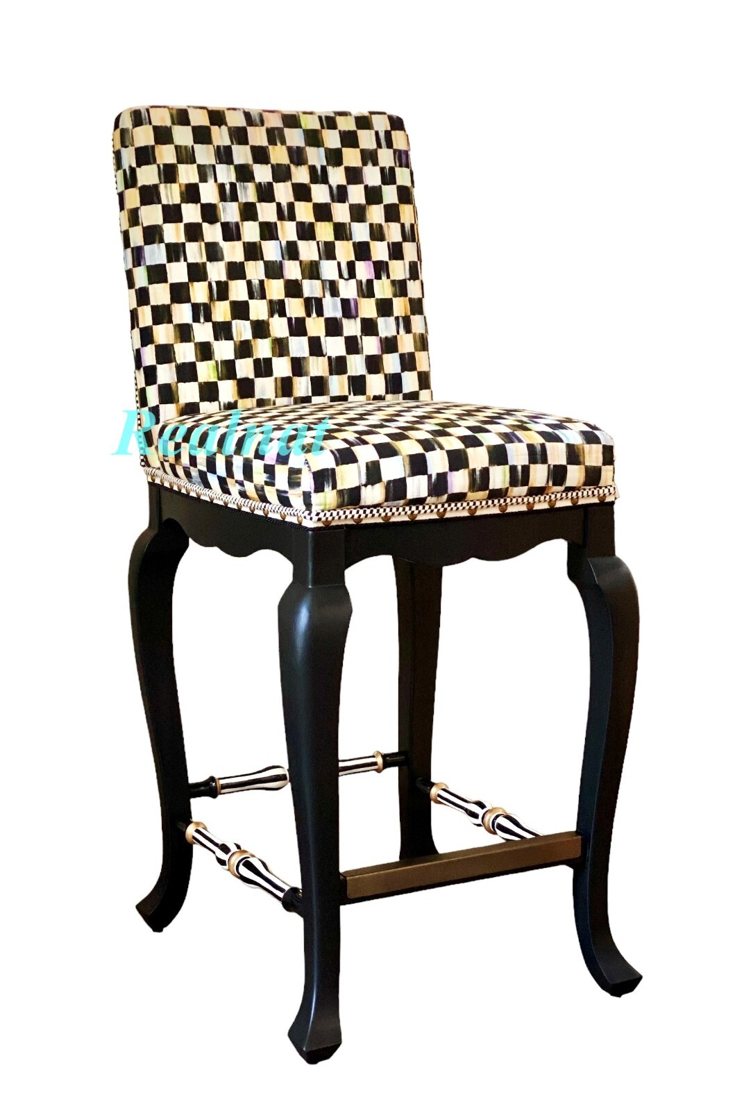 MacKenzie-Childs Courtly Check Black Counter Stool W/ Back Barstool New ...