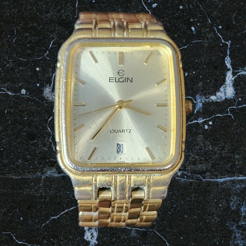 Vintage Mens Elgin Quartz Watch Gold Tone Tank Style With Extra Links ...