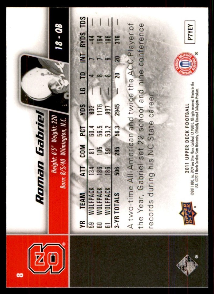 2011 Upper Deck Football Roman Gabriel NC State Wolfpack #8 | eBay