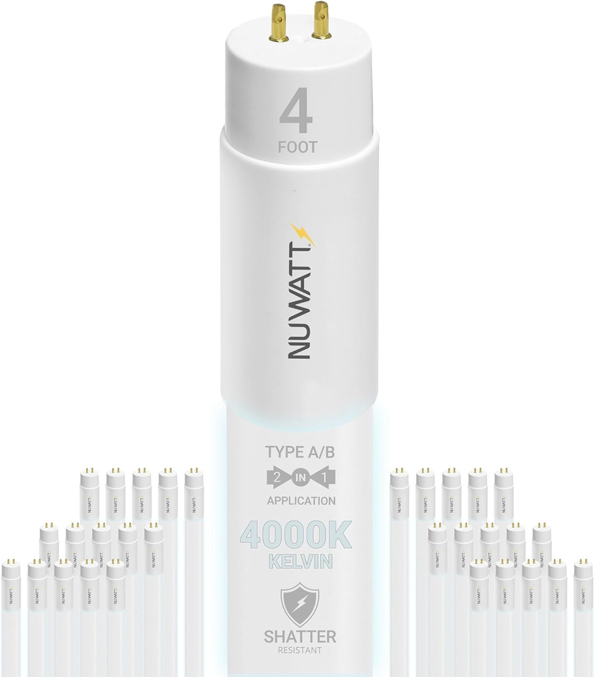 NUWATT 30 Pack 4 FT LED T8 Tube Light, T10 T12 Hybrid Type A+B, 4000K ...