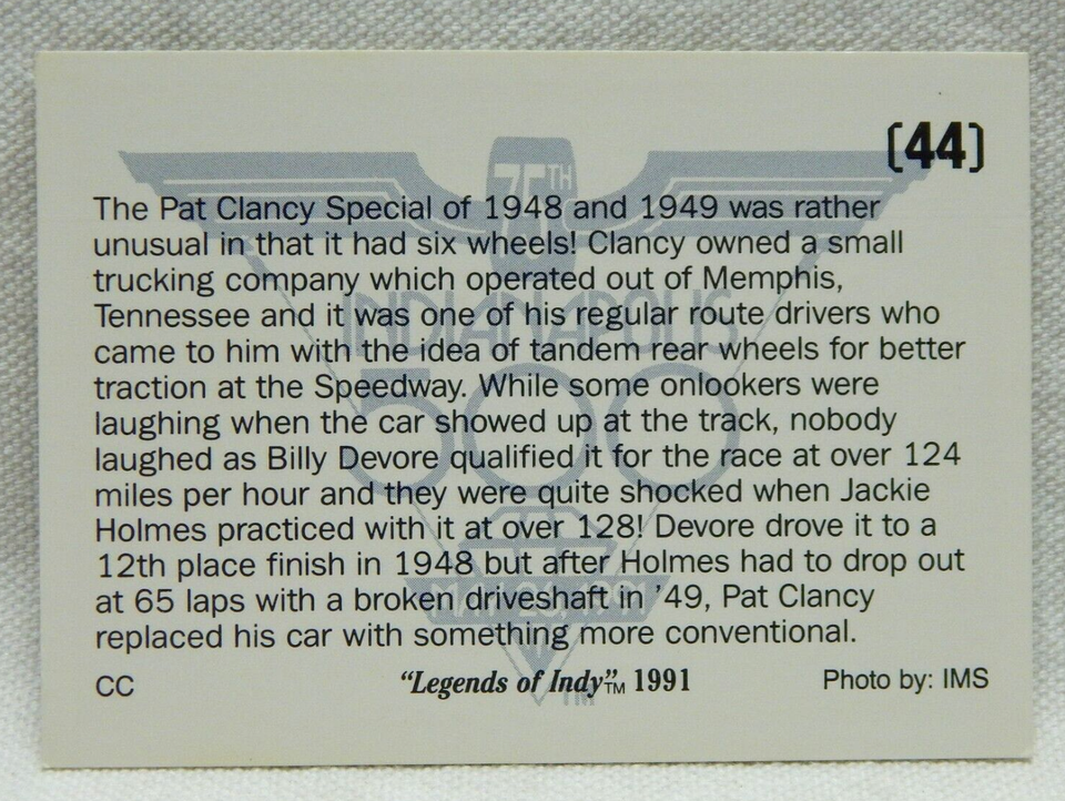 INDY 500 PAT CLANCY SPECIAL BILLY DEVORE LEGENDS OF INDY TRADING CARD ...