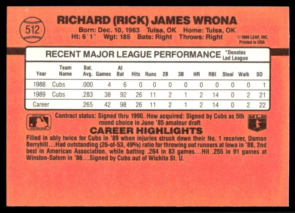 1990 Donruss Baseball Card Rick Wrona Chicago Cubs #512 | eBay