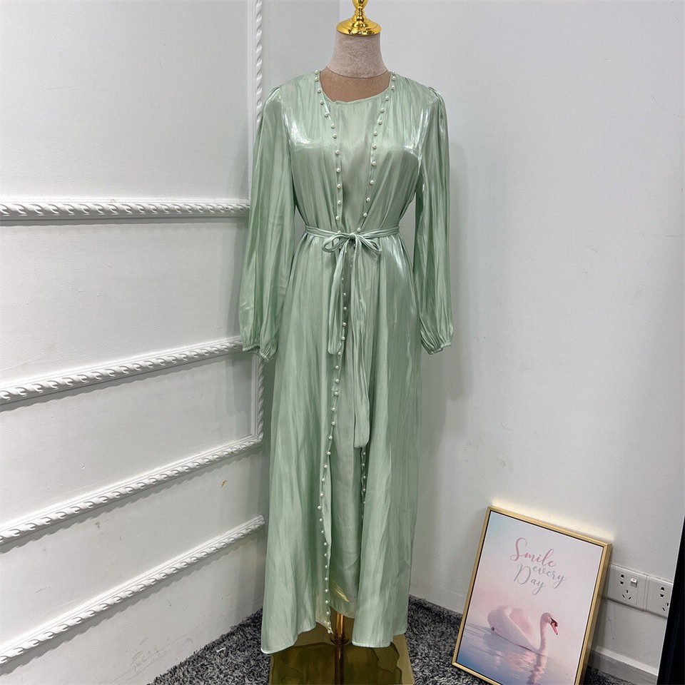 Open Cardigan Women Muslim Satin Abaya Dress Two Piece Set Modest Robe ...