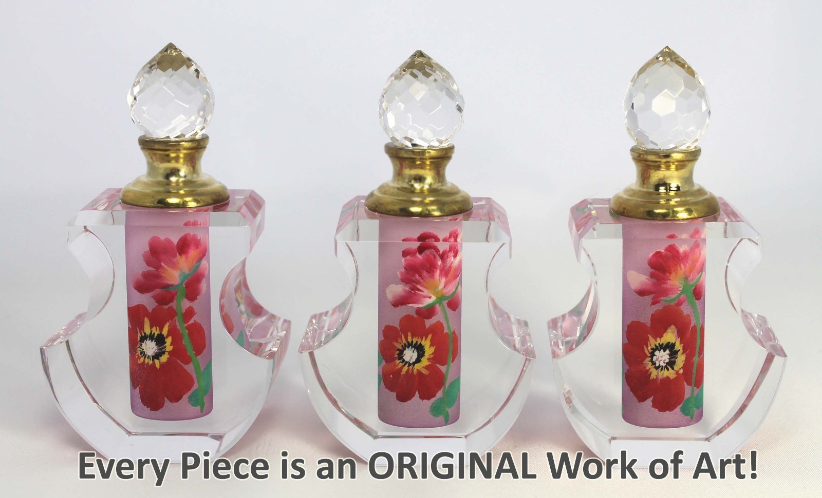 Red Flower Crystal Perfume Bottle Collectible, Hand Painted Glass Art ...