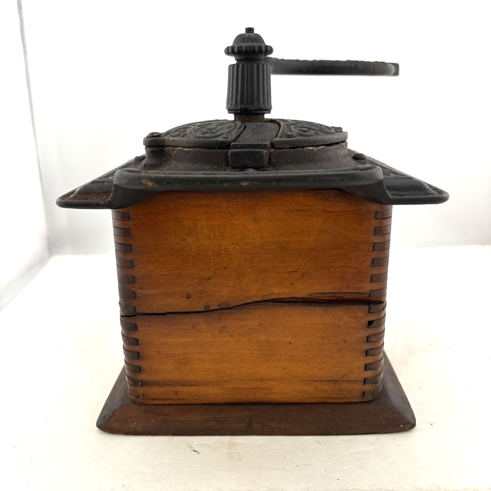 Antique Wood Ornate Cast Iron Coffee Mill Grinder Dove Tails Back ...
