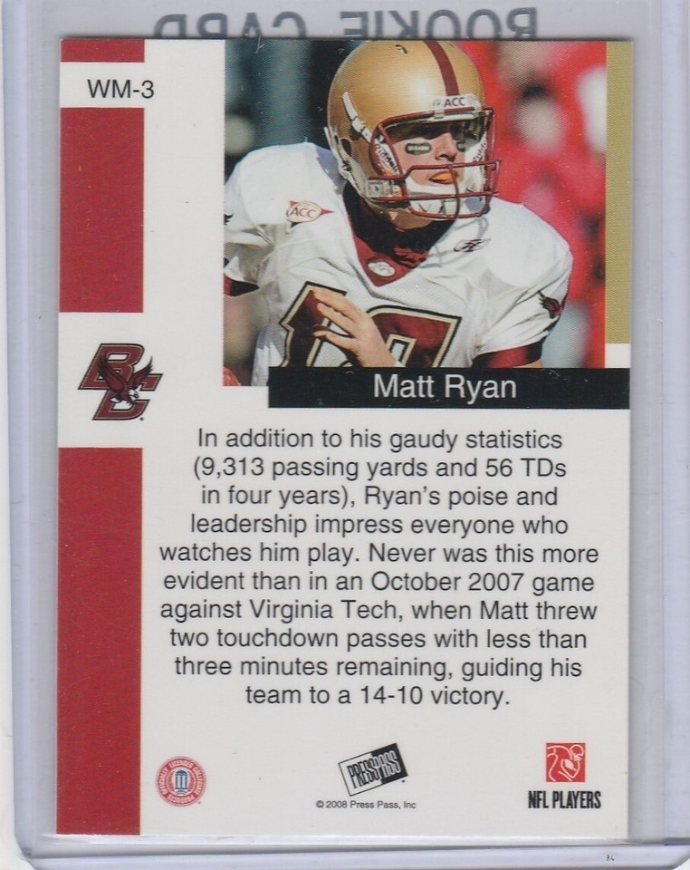 MATT RYAN ROOKIE CARD Foil Exclusive 2008 RC Football BC Atlanta ...