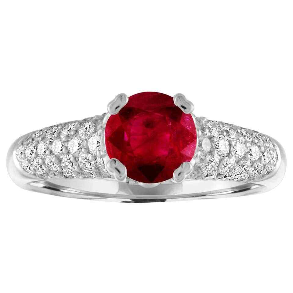 Brilliant Round Cut 1.25CT Red Natural Ruby & Micro Pave Set White CZ ...
