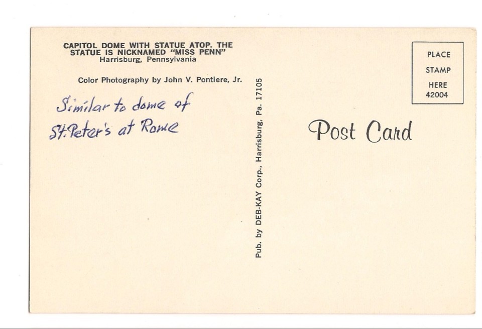 Pennsylvania State CAPITOL DOME STATUE Miss Penn Harrisburg PA Postcard ...
