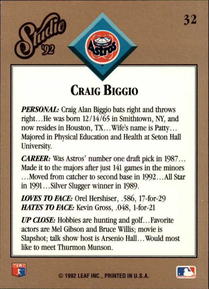 1992 Studio Baseball Card #32 Craig Biggio | eBay