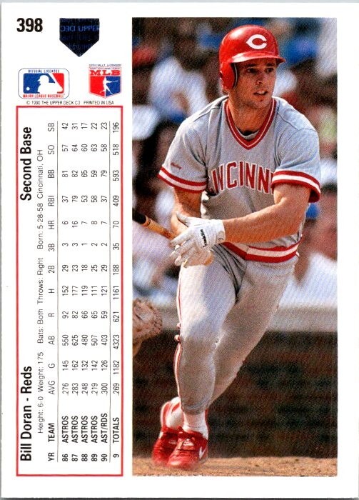 Bill Doran Cincinnati Reds Upper Deck 1991 Baseball Card Number 398 ...