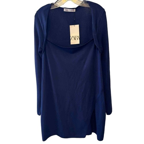 Zara Navy Blue Square Neck Thin Sweater Tunic, Offset Slit Large NWT | eBay