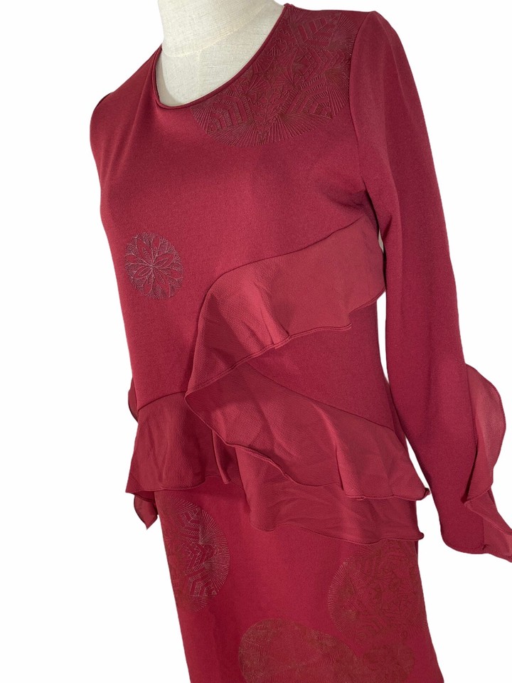 Desigual Wine Red Aztec Womens Dress Size S Frill Long Sleeve Stretch ...