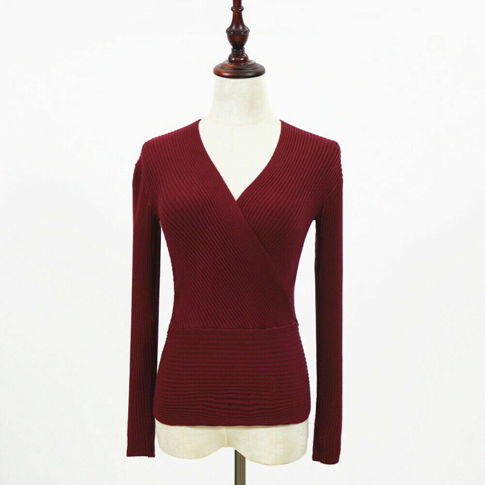 Lady Ribbed Knit Sweater Cross Over Front Deep V Neck Pullover Jumper ...