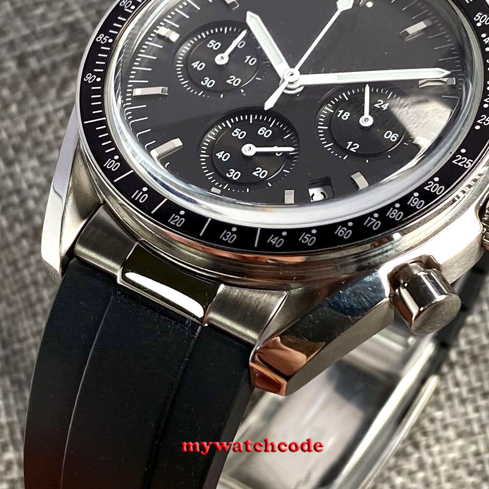 40mm Bliger black sterile dial steel case Full Chronograph Quartz Mens ...