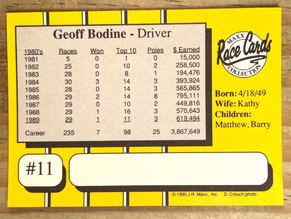 1990 MAXX CARDS GEOFF BODINE CARD#11 NM-MT NASCAR EXIDE BATTERIES ...