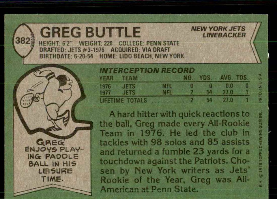 1978 Topps Greg Buttle New York Jets #382 | eBay