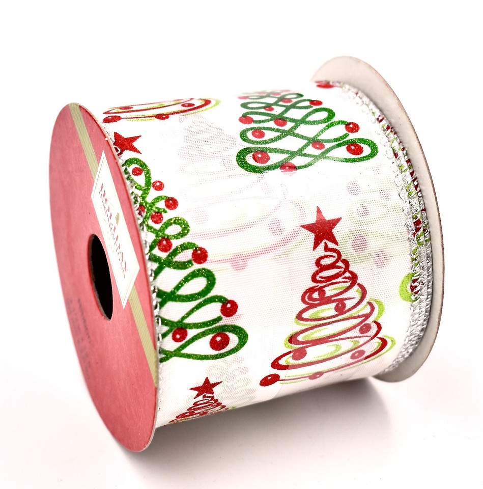 Christmas Swirl Tree Ribbon, Red/Green Swirl Trees,White,2.5"x12ft,Jo ...