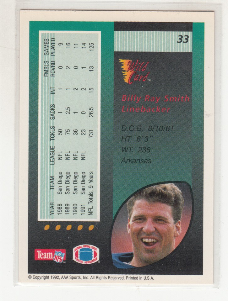 BILLY RAY SMITH 1992 Wild Card NFL #33 Parallel 10 Stripe San Diego ...