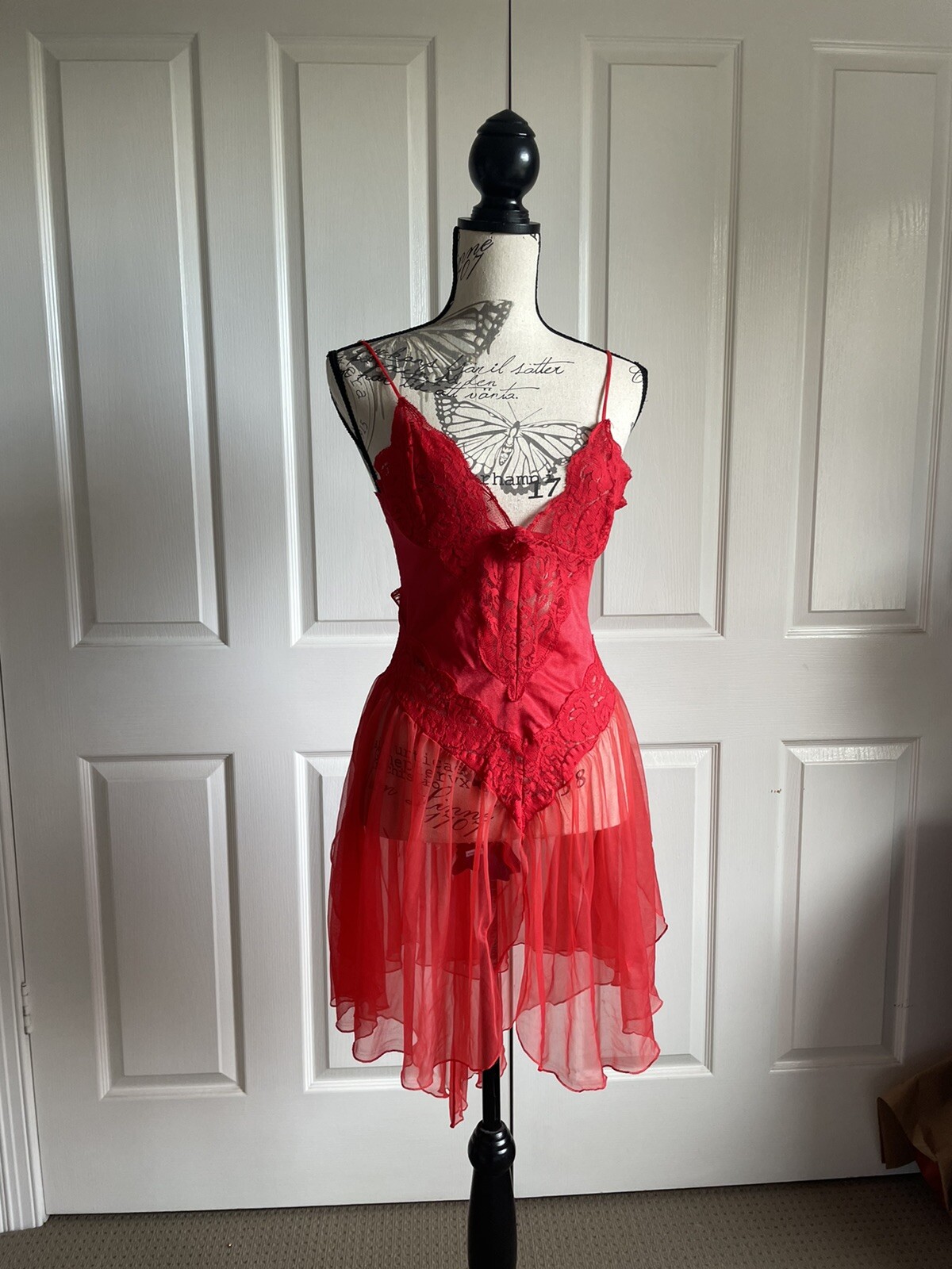 Vintage Fairy Goth Sheer Red Lace Lingerie Negligee S… - Gem