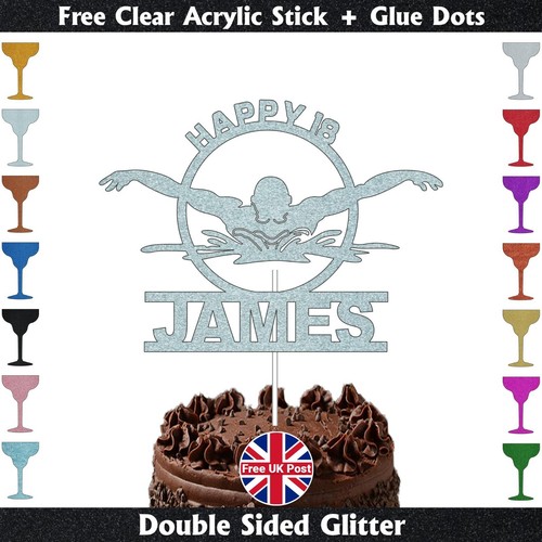 Swimmer Cake Topper Glitter Personalised Birthday Cake Decor Any Name ...