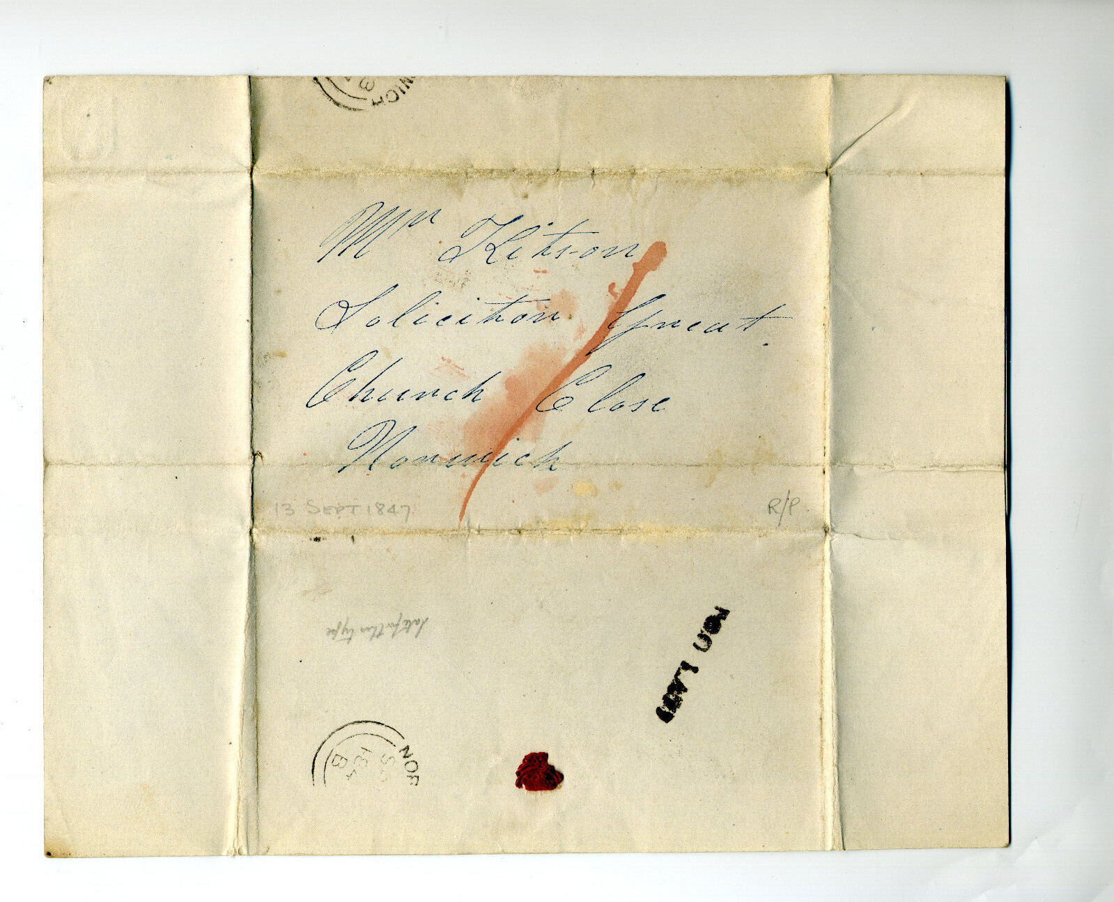 Norwich "TOO LATE" plain script in black 13/9/1847 manuscript pre-paid ...