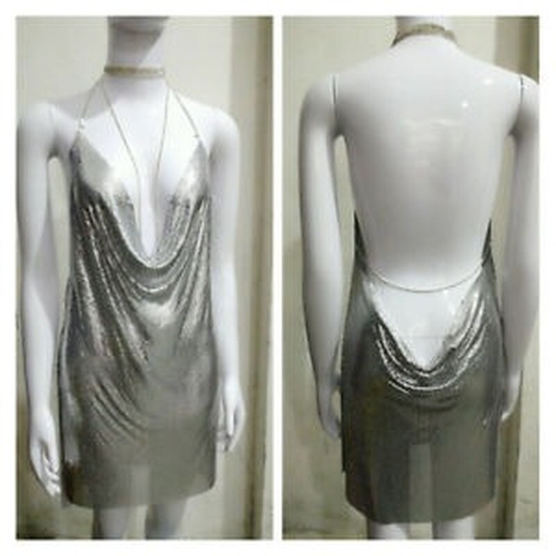 1x Stunning Sequin Metal Mesh Backless Crystal Halter Neck Mini Dress ...
