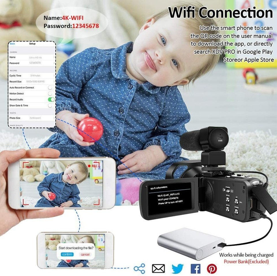 Video Camera Ultra HD 4K Night Vision Camcorder LED Light Microphone ...