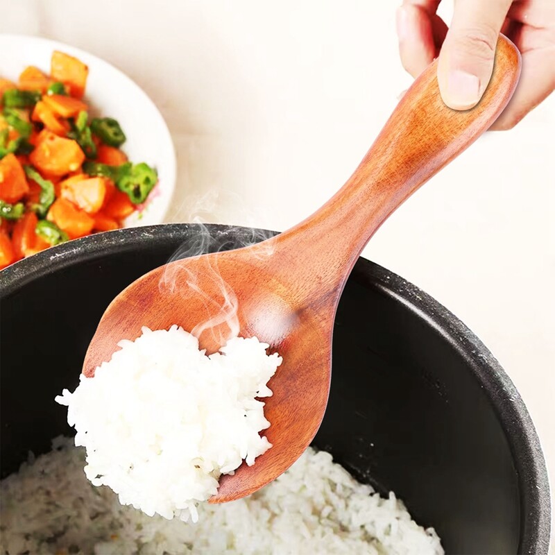 2X(Teak Wood Spoon Natural Solid Wood Rice Spoon Wooden Rice Paddle Big ...