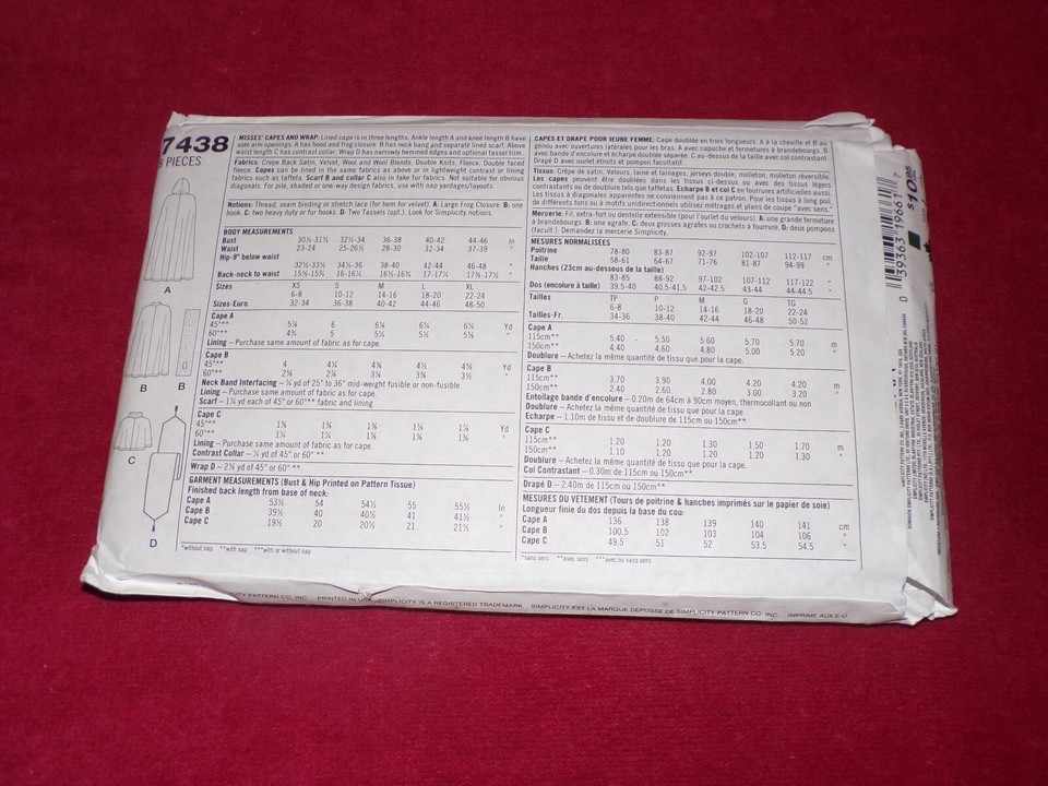 🦋 SIMPLICITY #7438 - LADIES THREE STYLE CAPES & EVENING WRAPS PATTERN ...