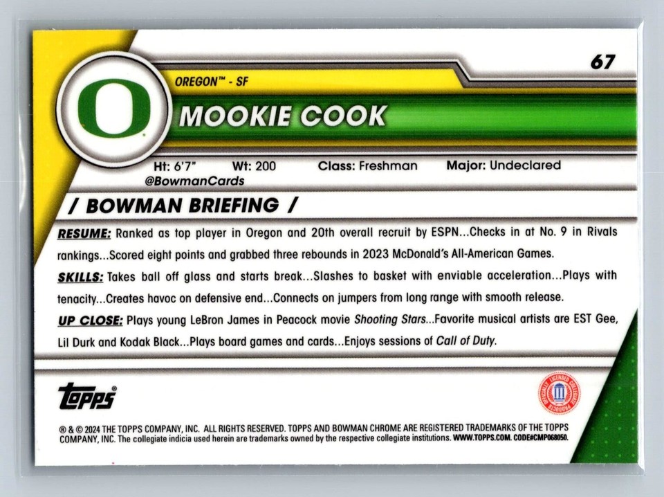MOOKIE COOK 2023-24 Bowman Chrome U University 1st Bowman #67 Oregon ...