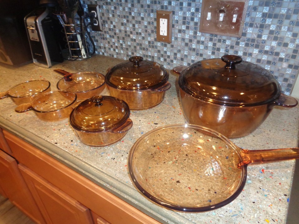 Vision Ware Vintage Corning Pyrex Amber Glass Cookware 10 Piece Set USA ...