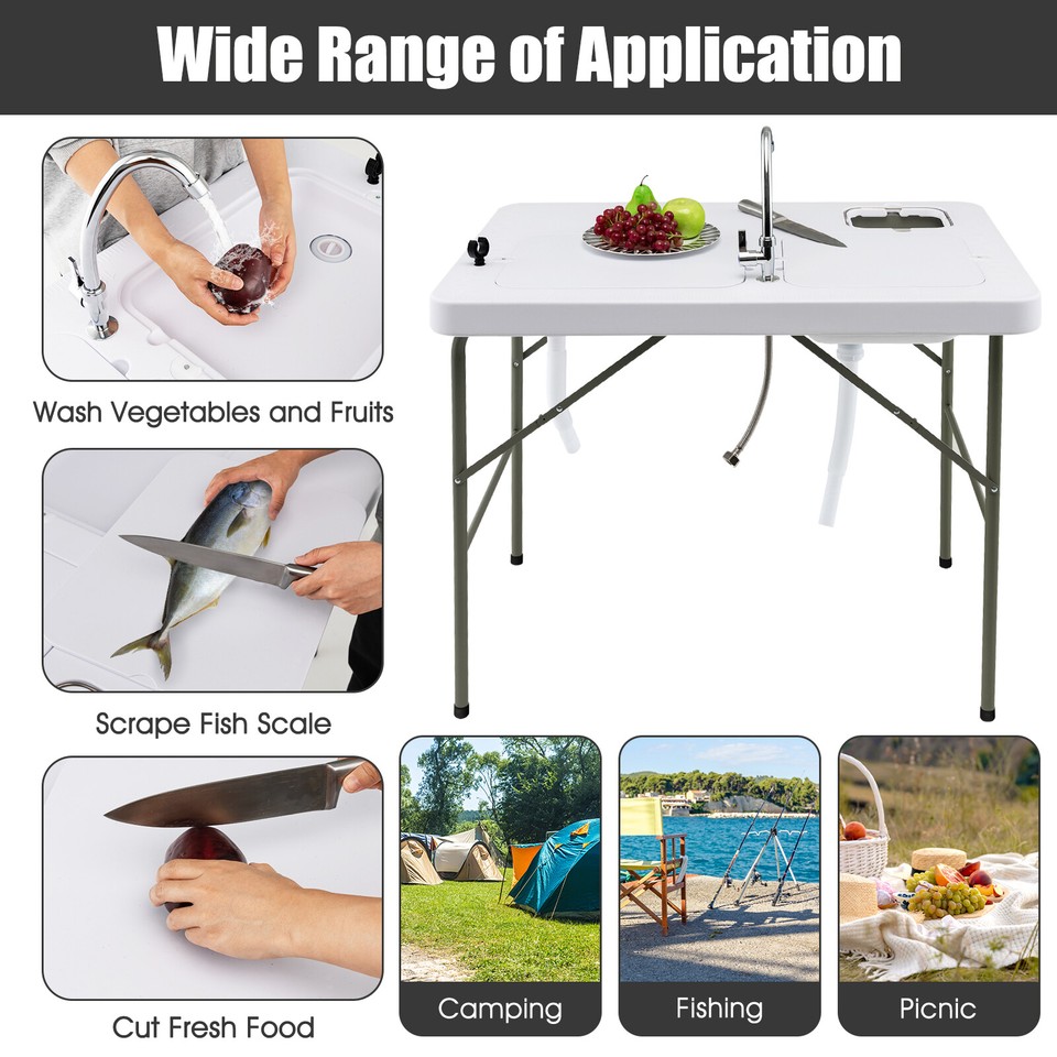 Topbuy Portable Fish Cleaning Table Folding Camping Table w/ 2 Sinks ...
