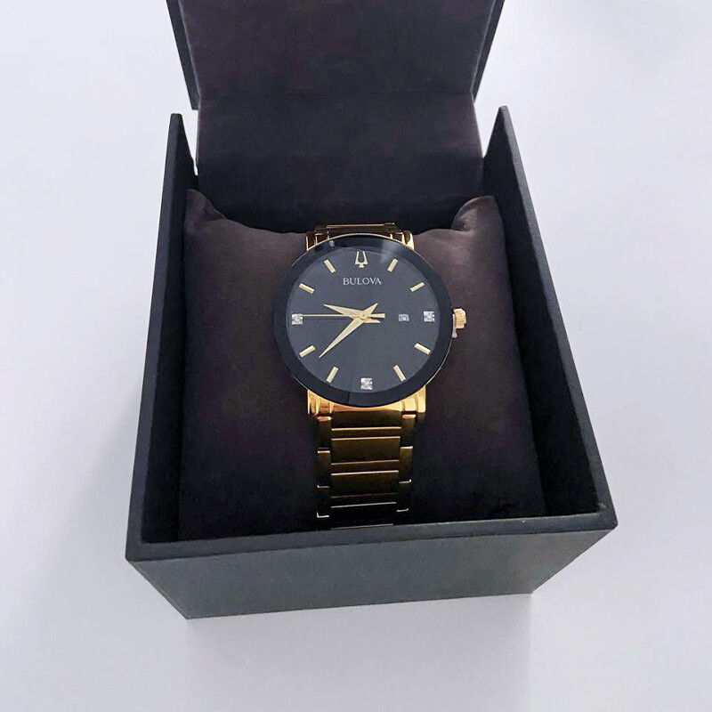 Men New Bulova Modern Futuro Black Dial & Gold Bracelet Quartz Watch ...