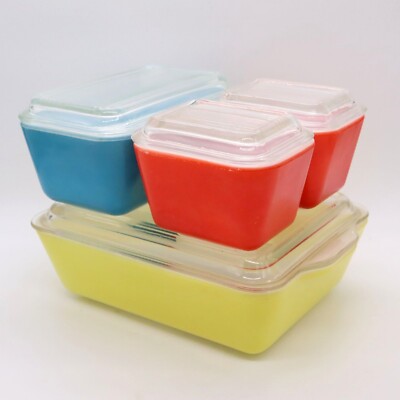 Vtg Pyrex Primary Colors Complete 4pc Refrigerator Set 501 502 503 ...