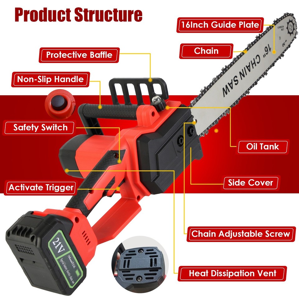 16" Cordless Chainsaw Electric Handheld Chain Saw with 2 Batteries ...
